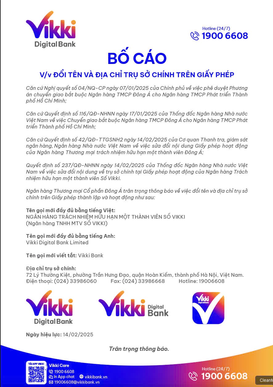 Ngân hàng Đông Á đổi tên thành Vikki Bank, chuyển trụ sở chính về 72 Lý ...