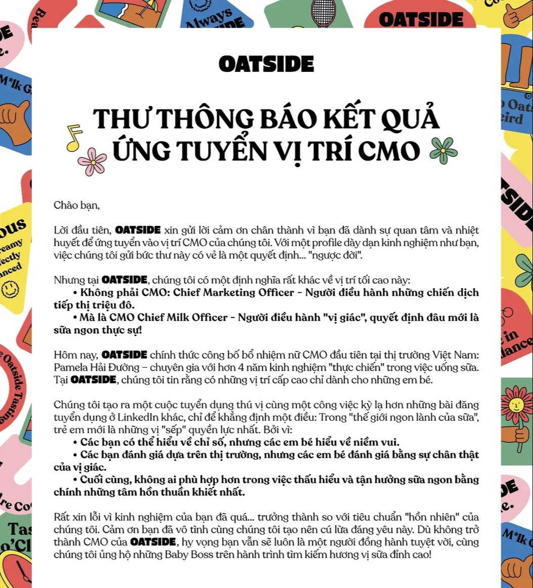 Hãng sữa Oatside Việt Nam bị chỉ trích khi đăng tuyển CMO hút 100 ứng ...